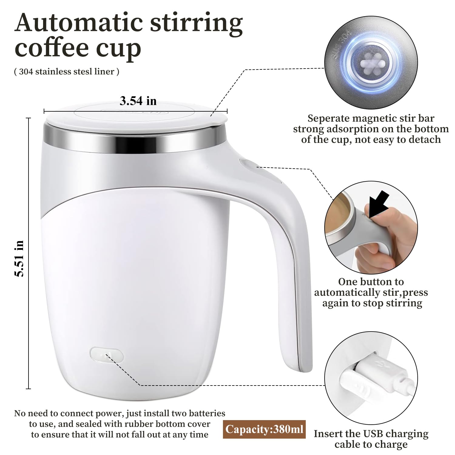 Self Stirring Coffee Mug, Rechargeable Automatic Coffee Stirring Mixing Mug, Electric Funny Self Mixing Cup, Stainless Steel Travel Coffee Cup for Office, Home, Kitchen(White)