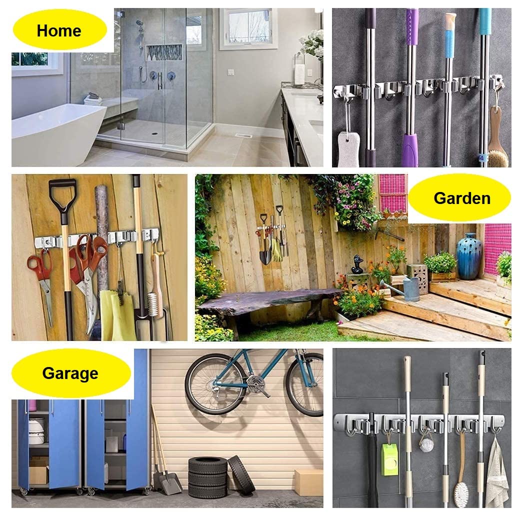 Mokife Mop Broom Holder Wall Mount Heavy Duty Adhesive Tools Organizer Rack Stainless Steel with 4 Positions 5 Hooks for Utility Room, Garage, Laundry, Garden, Kitchen, Bathroom, Toilet and Office
