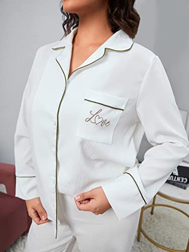 WDIRARA Women's Plus Size Letter Print 2 Piece Satin Pajama Set Silk Shirt and Pants Sets White 1XL