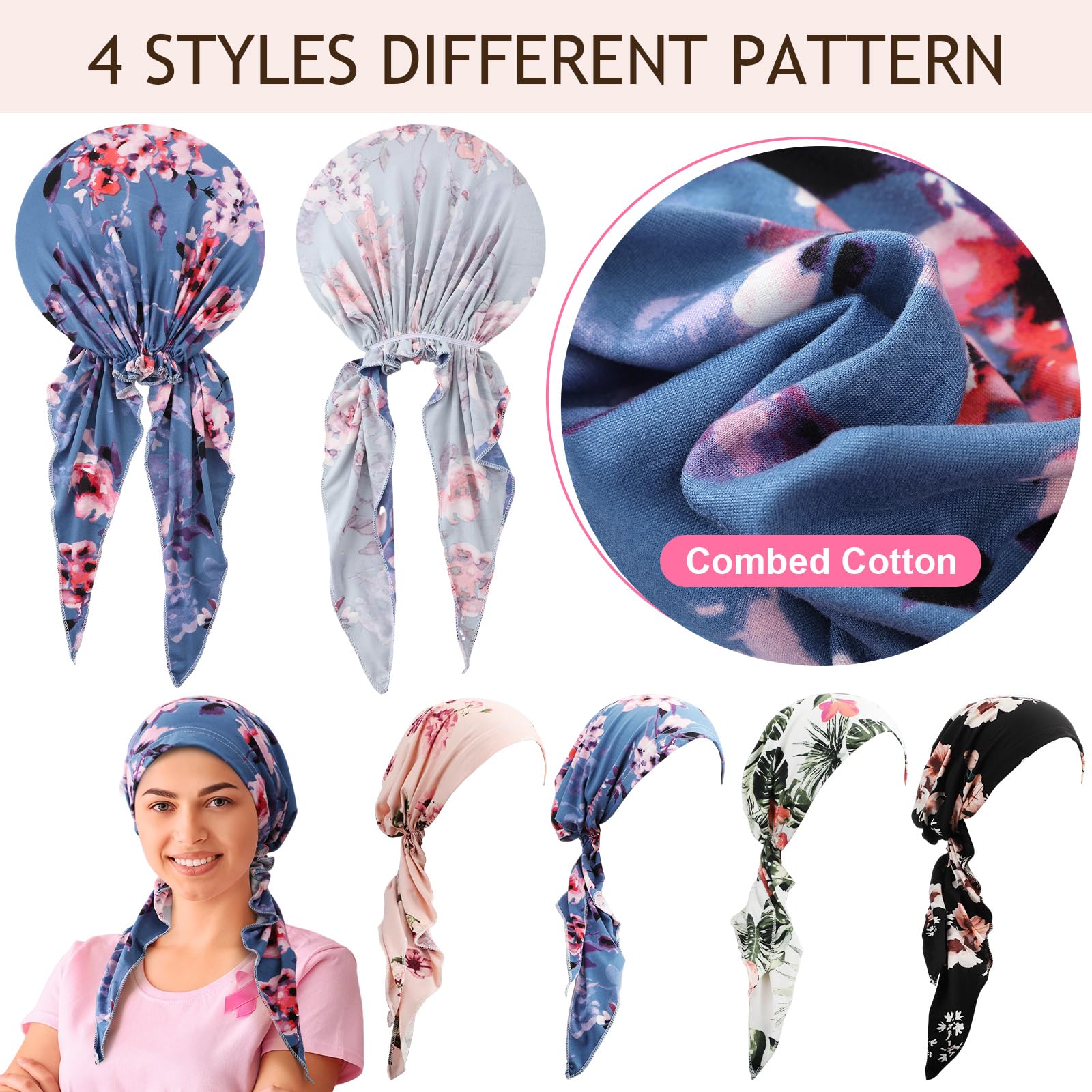 Halfchet 4 Pieces Chemo Headwear for Women Cancer Hats Pre Tied Chemo Caps Soft Cotton Elastic Head Scarf for Cancer Patients (Floral Pattern)
