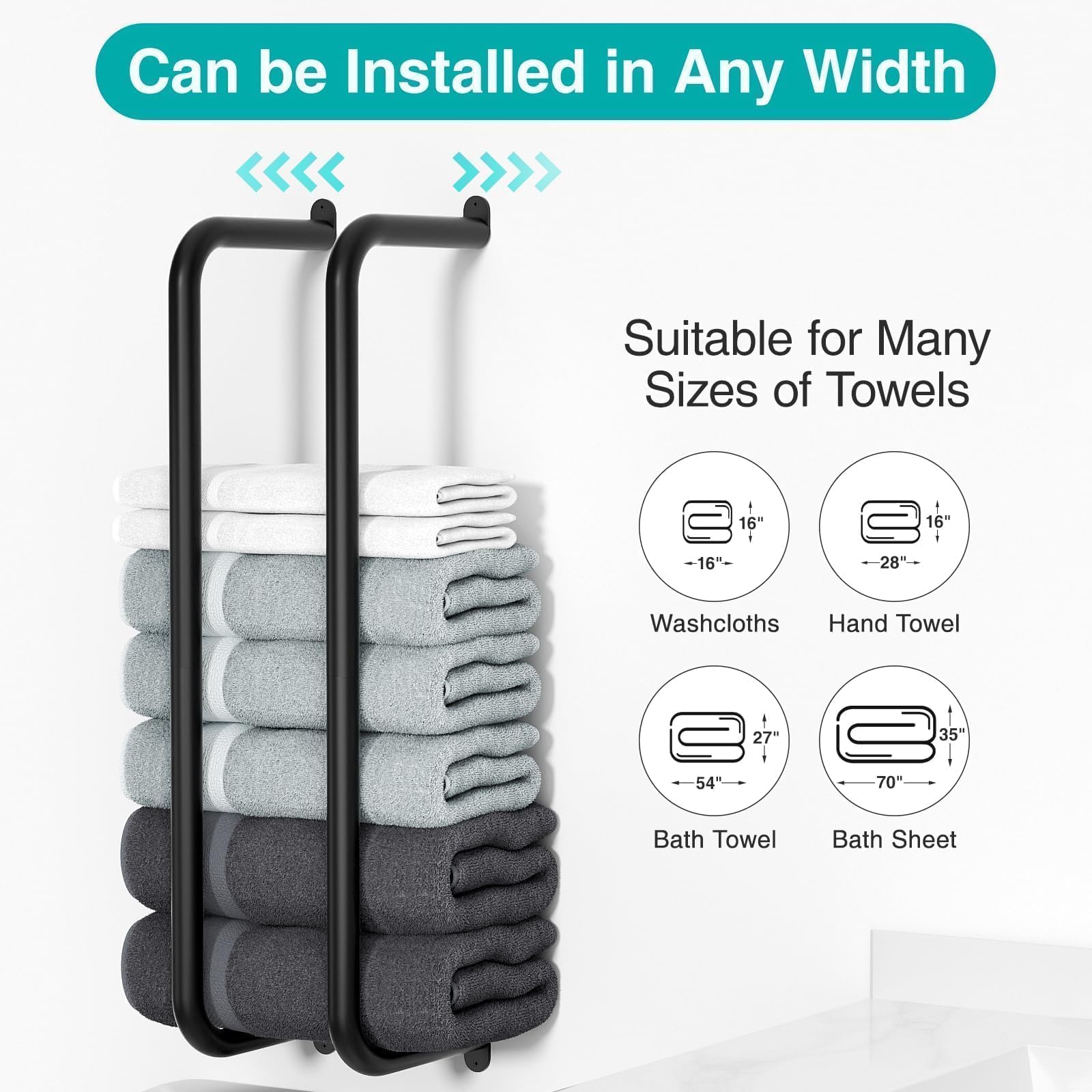 Josmimic Towel Rack for Rolled Towels: Towel Holder Wall Mounted Can Holds 5 Large Towels - Matted Stainless Steel for Bathroom - Black 22.78 Inch