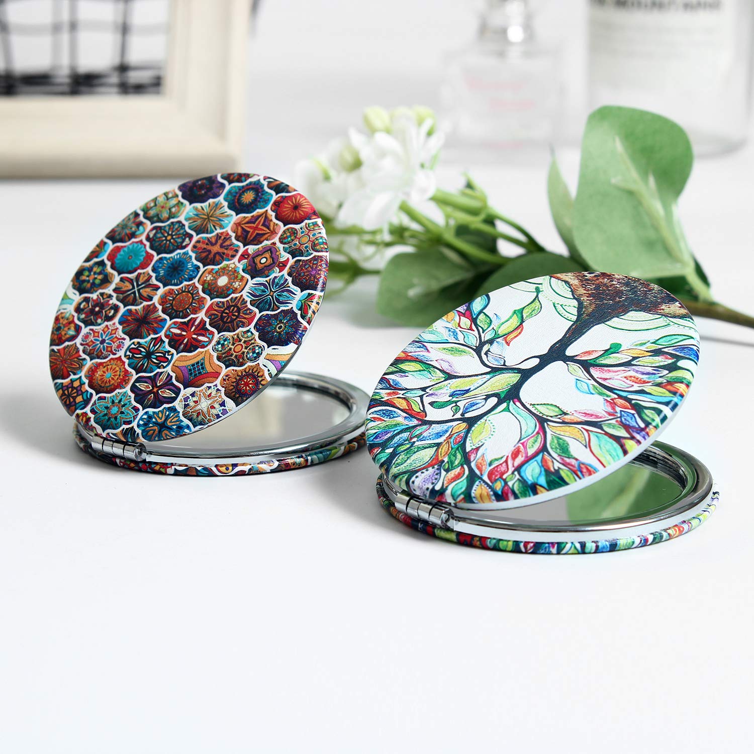 Dynippy Compact Mirror Round Pu Leather Makeup Mirror for Purses Small Pocket Mirror Portable Hand Mirror Double-Sided with 2 x 1x Magnification for Woman Mother Great Gift (Lucky Tree)