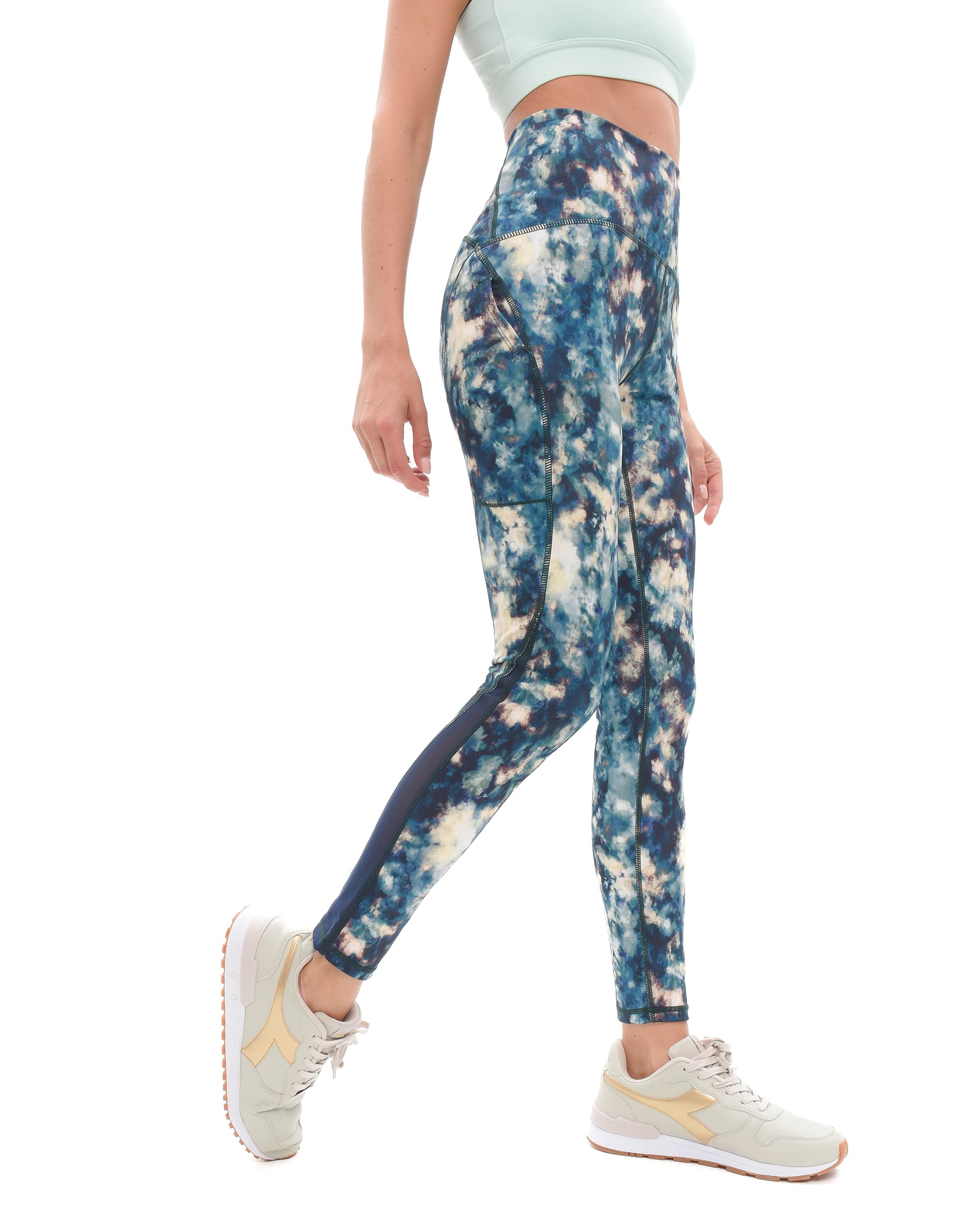 FALABELLA High Waisted Belly Control Leggings for Women Dry Fit for Workout with Lateral Pocket Print Turquoise Medium