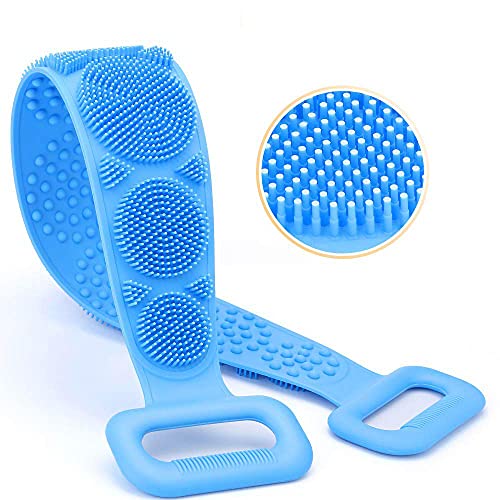 Silicone Bath Brush for Shower- Back Body Brush Scrubber, Shower Pull-tab Double-Sided Long Strip Silicone Bath Belt, Easy to Clean-Exfoliate, Blue