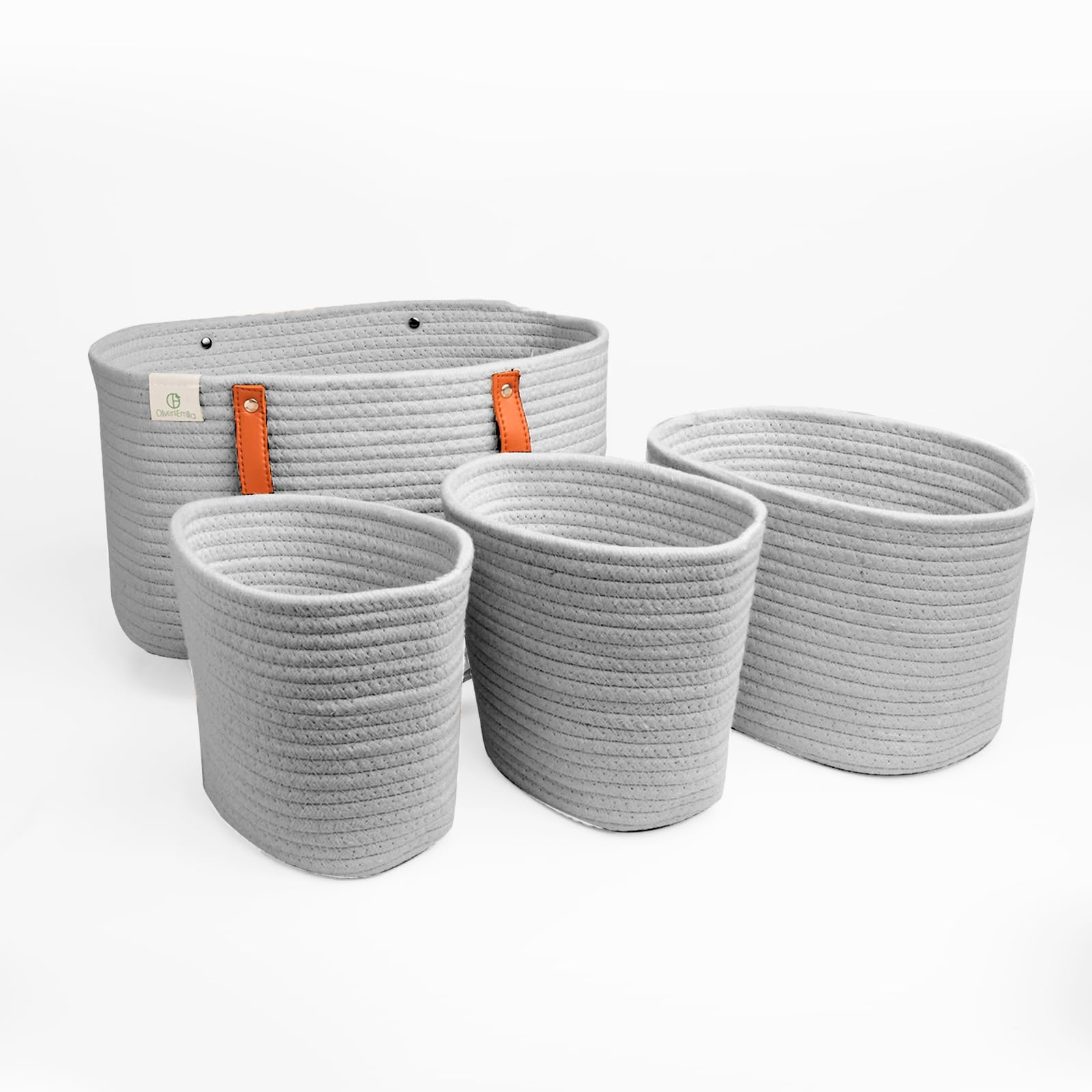 Oliver & Emilia Storage Basket β Portable Small Decorative Woven Cotton Rope Organizer - Leather Handle & Three Removable Bins for Toy, Baby Gift, Laundry, Living Room, Nursery, Towel, Blanket - Grey