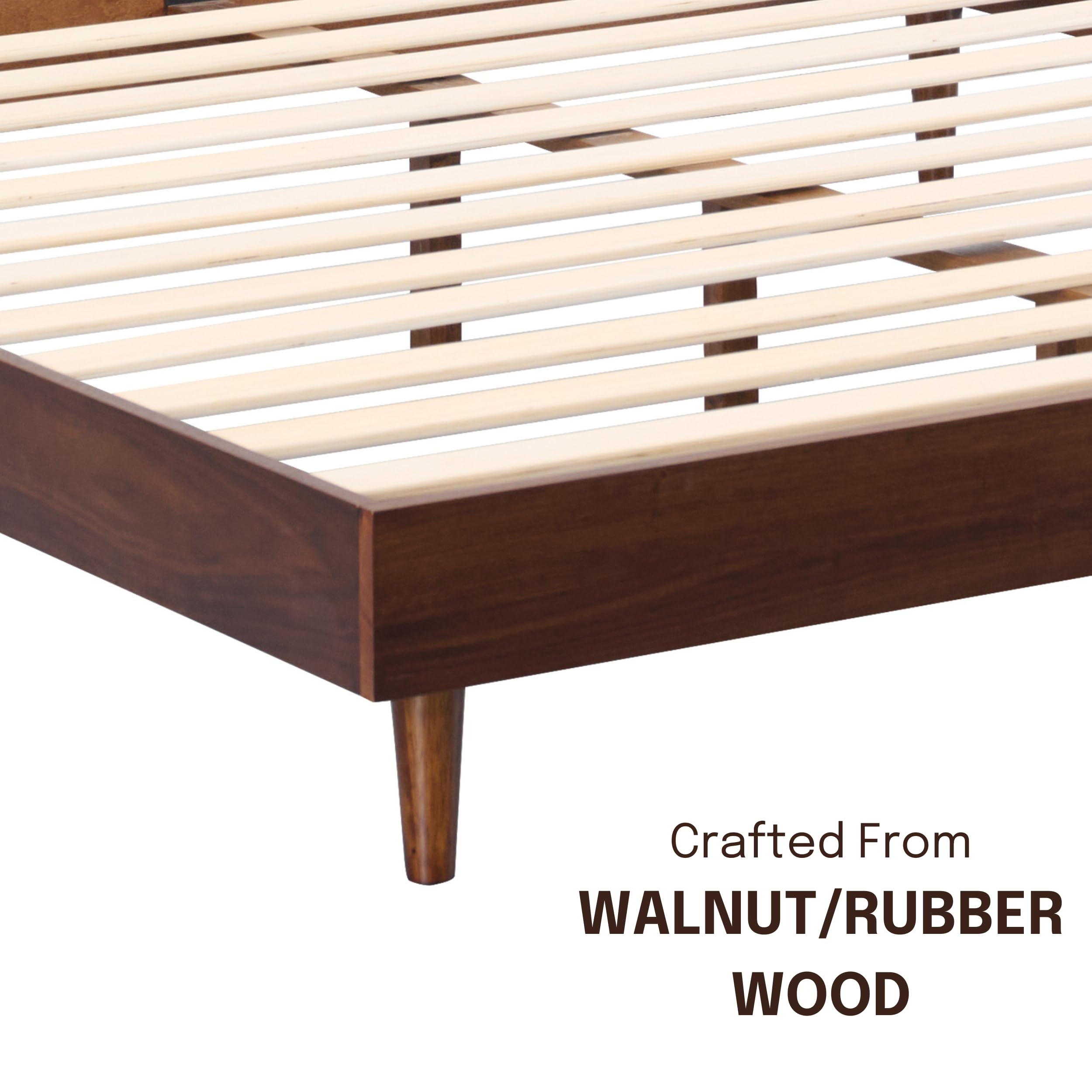 NTC Fly Wooden Bed Frame Without Headboard, Crafted from Walnut, Rubber Wood with Silent Slats and Wood Central Supports, 1000 Lb Capacity, Effortless Assembly, Queen - Dark Walnut