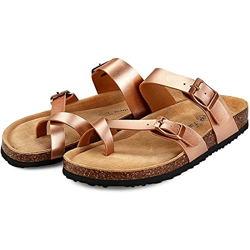Real Fancy Women's Cork Footbed Sandals with Adjustable Crisscrossing Straps - Slip on Slide Sandals for Women/Ladies, Low Heel Arch Support (Gold,9)