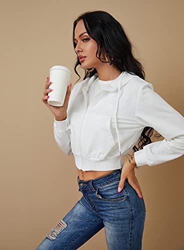 milanpavilion Women's Zip Up Hoodies White Cropped Cardigan Jacket Drawstring Hooded Sweatshirts Casual Long Sleeve Top