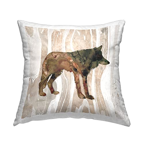 Stupell Industries Woodland Wolf Watercolor Silhouette Rustic Grain Pattern Design by Carol Robinson Pillow, 18 x 18, Brown