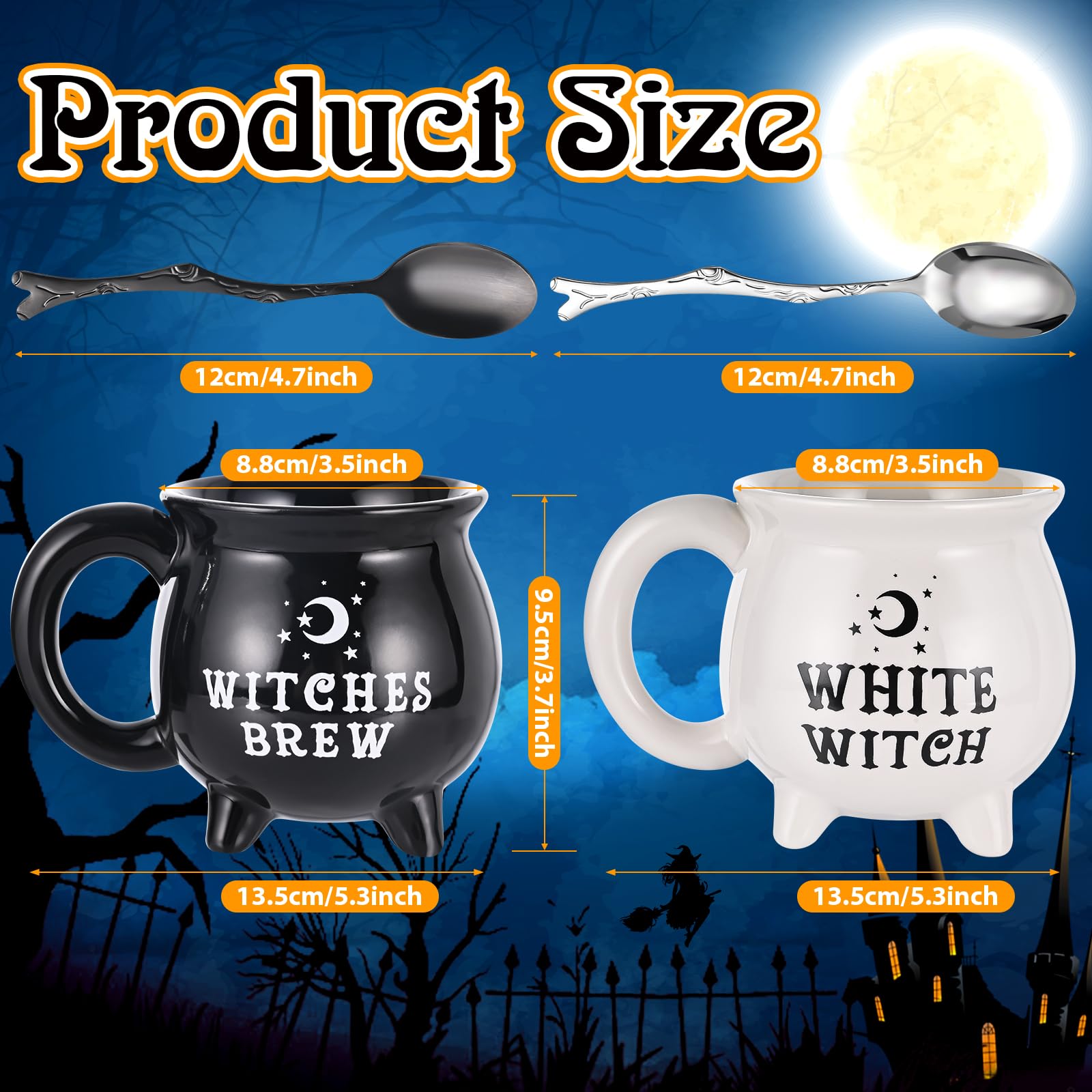 JolliKids 2 Pack Witches Brew Cauldron Mugs Halloween Cauldron Mugs Halloween Gifts 12 Oz Ceramic Coffee Mugs Black and White Cups with 2 Pcs Spoons Halloween Decoration for Tabletop