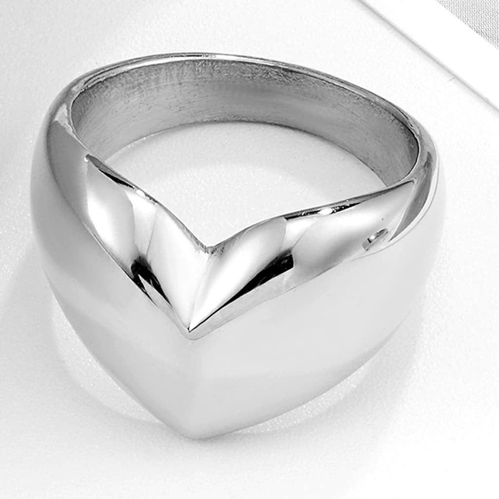 eternllery Stainless Steel Heart Shaped Chevron Style Classic Plain Wedding Statement Promise Anniversary Valentines Ring (Silver, 7)