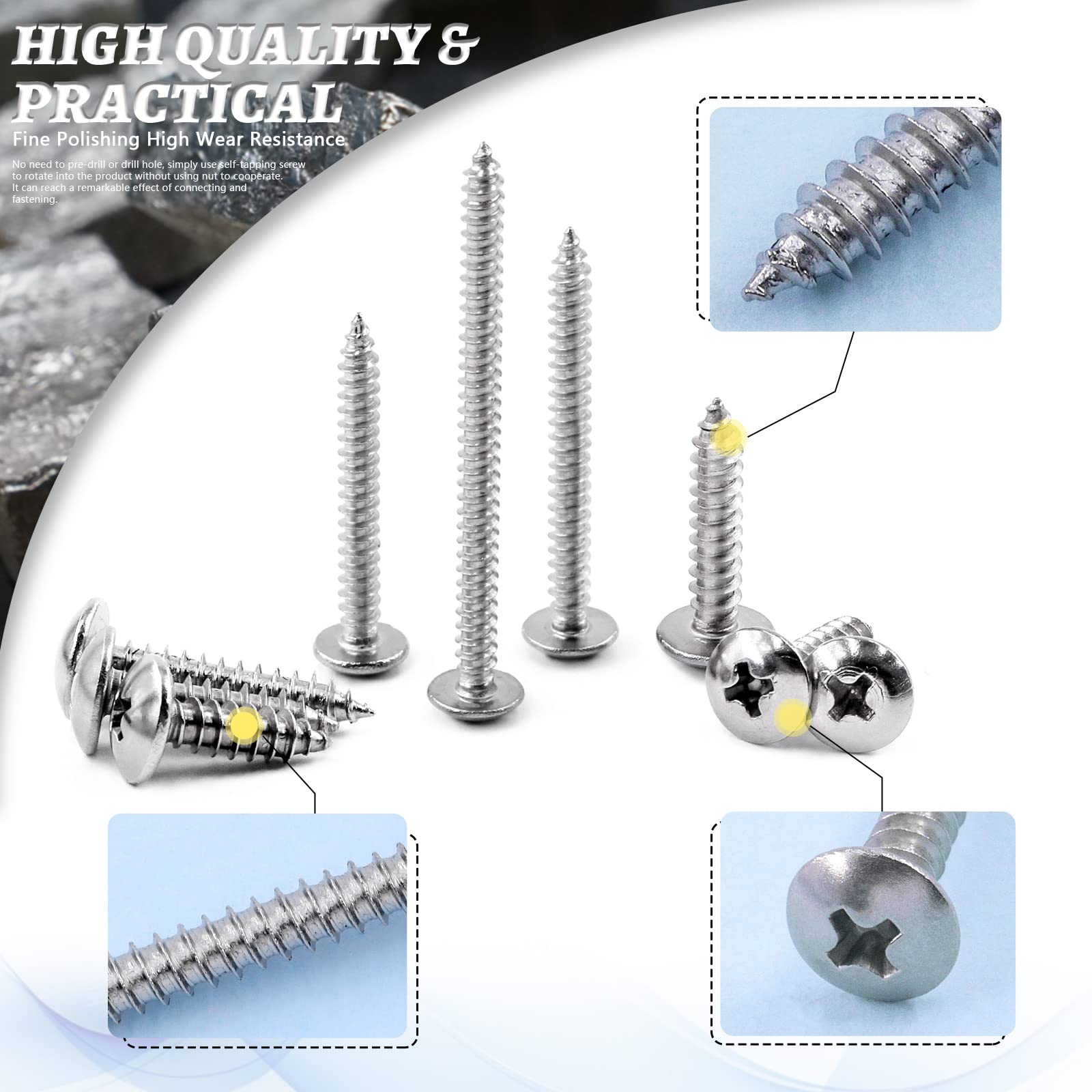 Glarks 250Pcs M3 M4 M5 M6 Metric 304 Stainless Steel Phillips Truss Head Sheet Metal Tek Screws Assortment Kit, 12 Sizes 12-30mm Pan Head Self Tapping Wood Screws Set