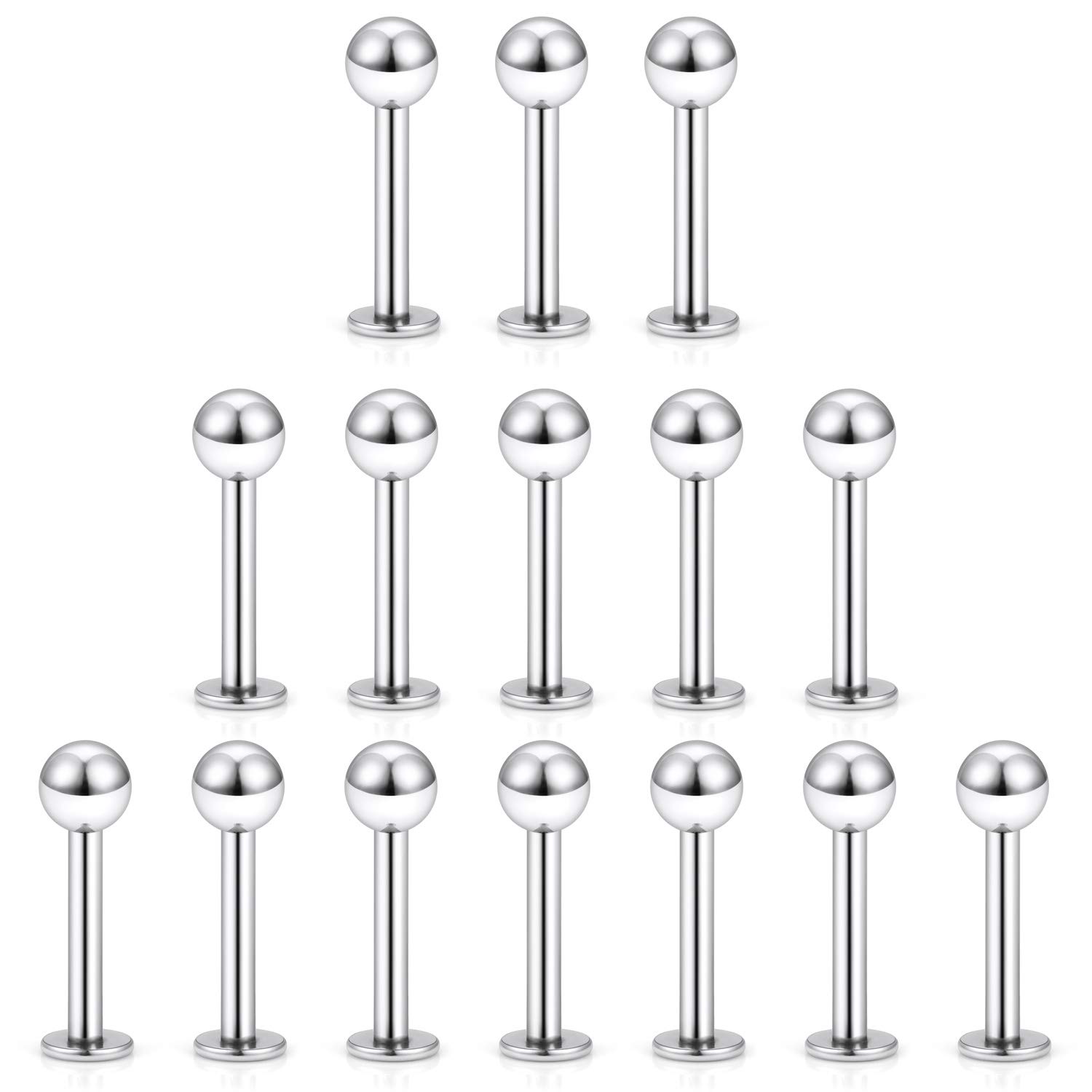 Dyknasz 15PCS 14G Surgical Steel Labret Monroe Lip Ring Studs Cartilage Tragus Helix Conch Earring Stud Barbell Piercing Jewelry for Women 8mm Silvertone