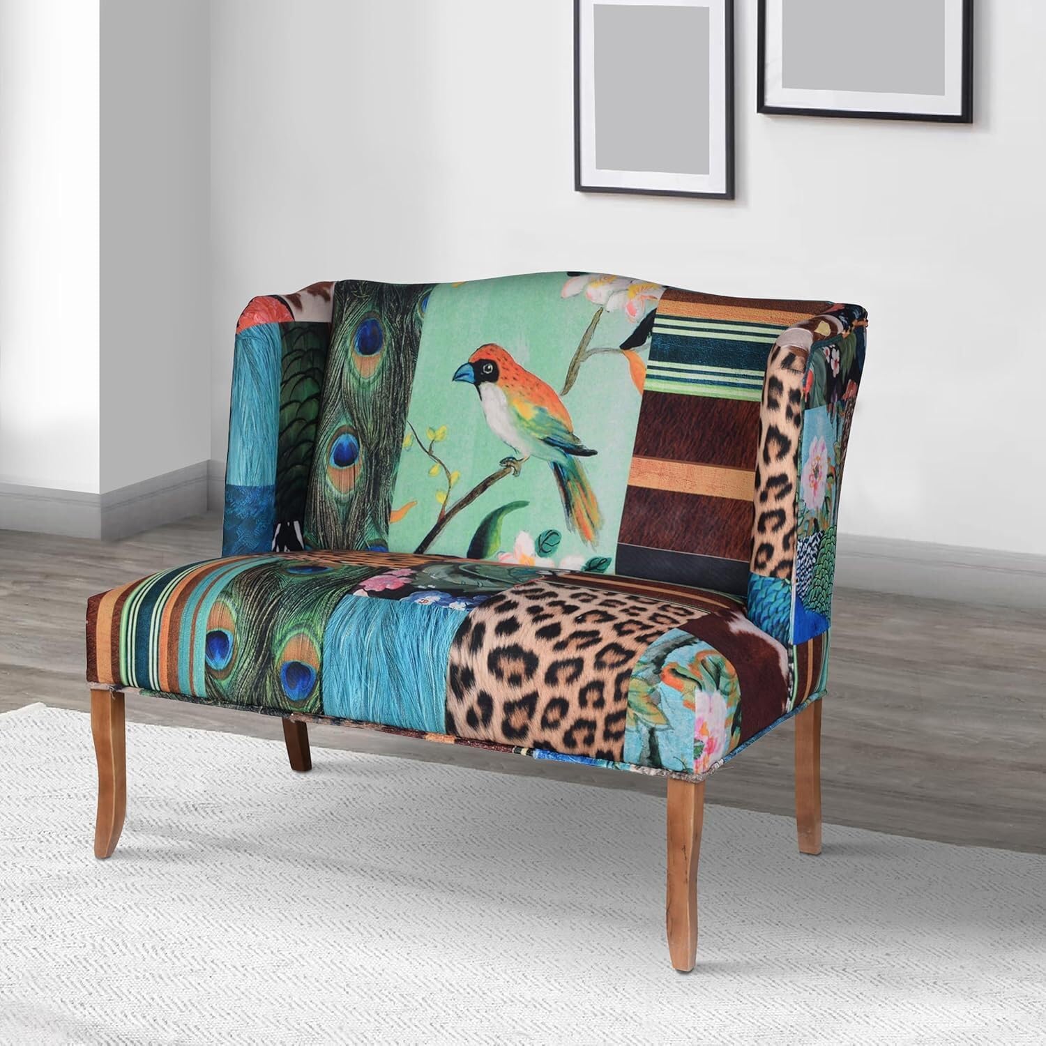 Maykoosh Modern Motifs Bird Collage Print Settee with Plush Velvet Upholstery, Adjustable Foot Pads, and Sturdy Wood Frame - 38” H for Vibrant Living Room or Hallway Seating