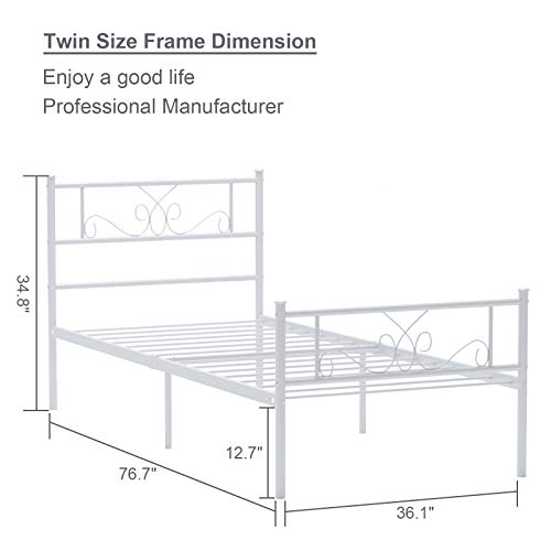 Weehom 12.7 Inch Twin Size Metal Bed Frame with Headboard Platform Bed Steel Slat Support Mattress Foundation Easy Assembly White
