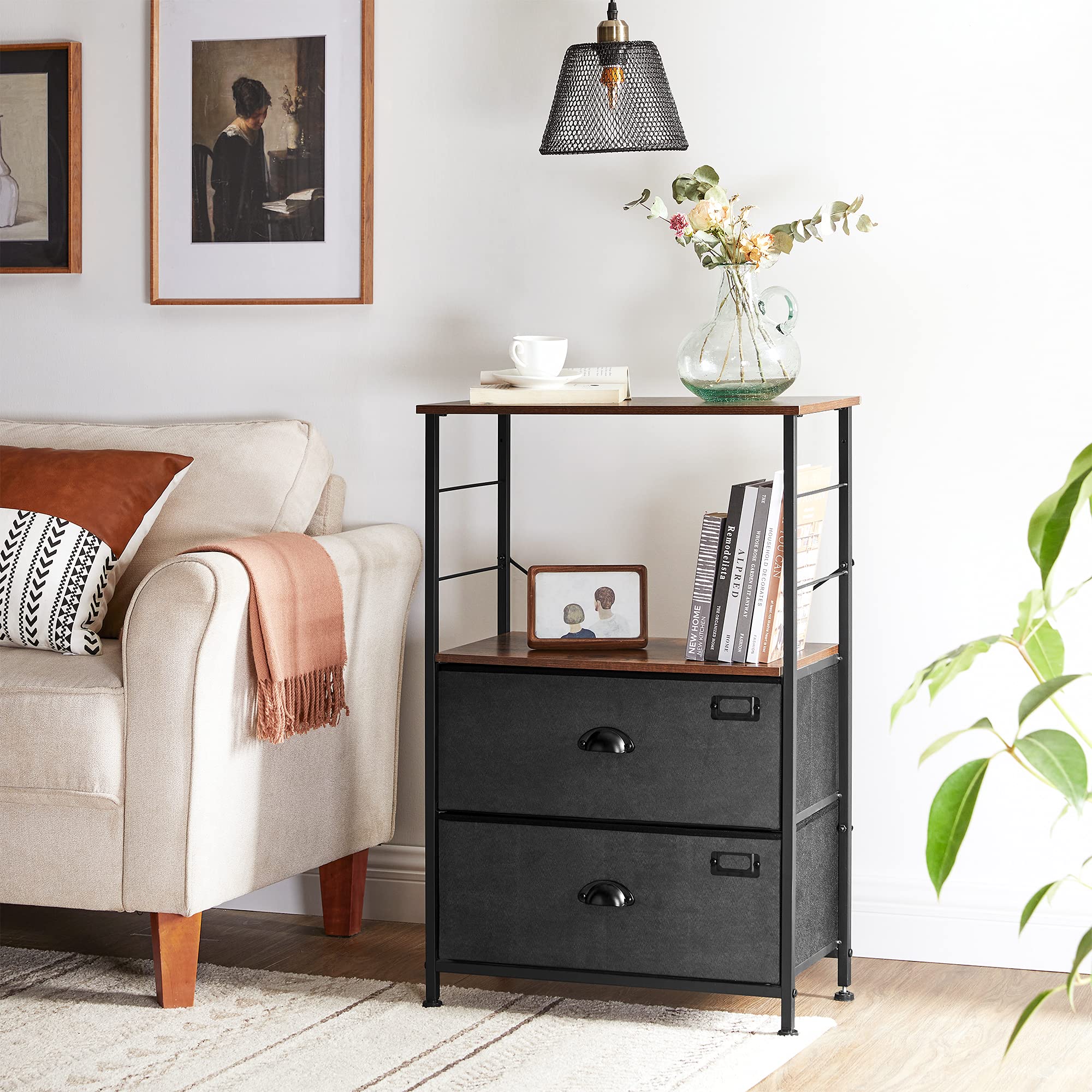 SONGMICS Nightstand, Industrial Bedside Table with 2 Fabric Drawers, Storage Shelves, Vertical Dresser Storage Tower with Wooden Top, Metal Frame, Labels, Rustic Brown and Black ULVT03H
