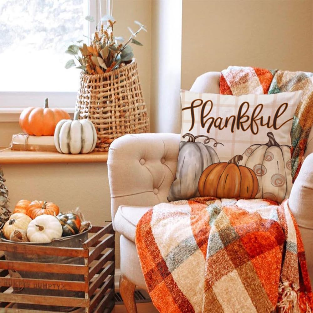 DFXSZ Fall Pillow Covers 18x18 inch Set of 4 Buffalo Plaid Fall Pumpkin Outdoor Throw Pillow Cover Autumn Thanksgiving Decoration for Home Couch Bed
