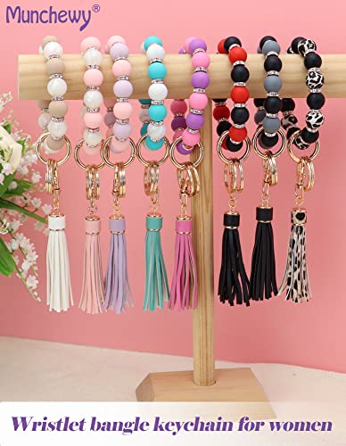 Silicone Key Ring Bracelet for Women, Elastic Beaded Wristlet Keychain Key Holder for Mother’s Day Gift(Grey/Black)