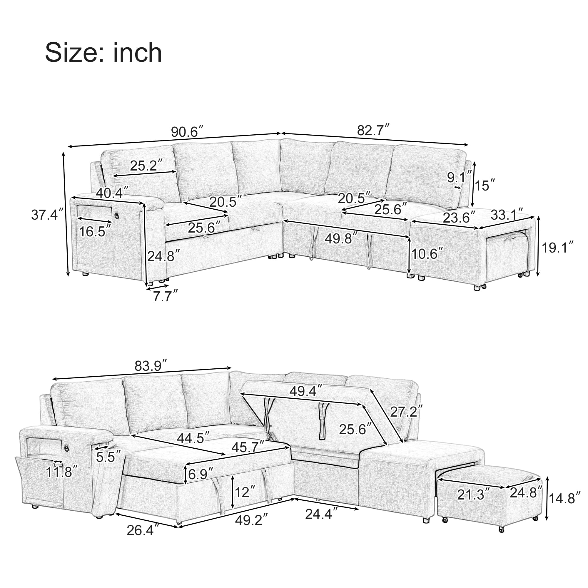 Olodumare L-shaped Oversized Modular Padded Cloud Sectional Fabric Sofa Set with Pull Out Bed, Convertible Sectional Couches with Storage Space, USB Ports, and Cup Holders for Living Room Office(Grey)