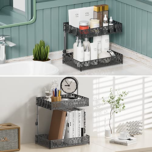Iirios Under Sink Organizers and Storage, Height Adjustable 2-Tier Bathroom Cabinet Organizer, Metal Bathroom Sink Organizer with 4 Hooks, Multi-use Under Sink Storage for Bathroom Kitchen, 2 Pack