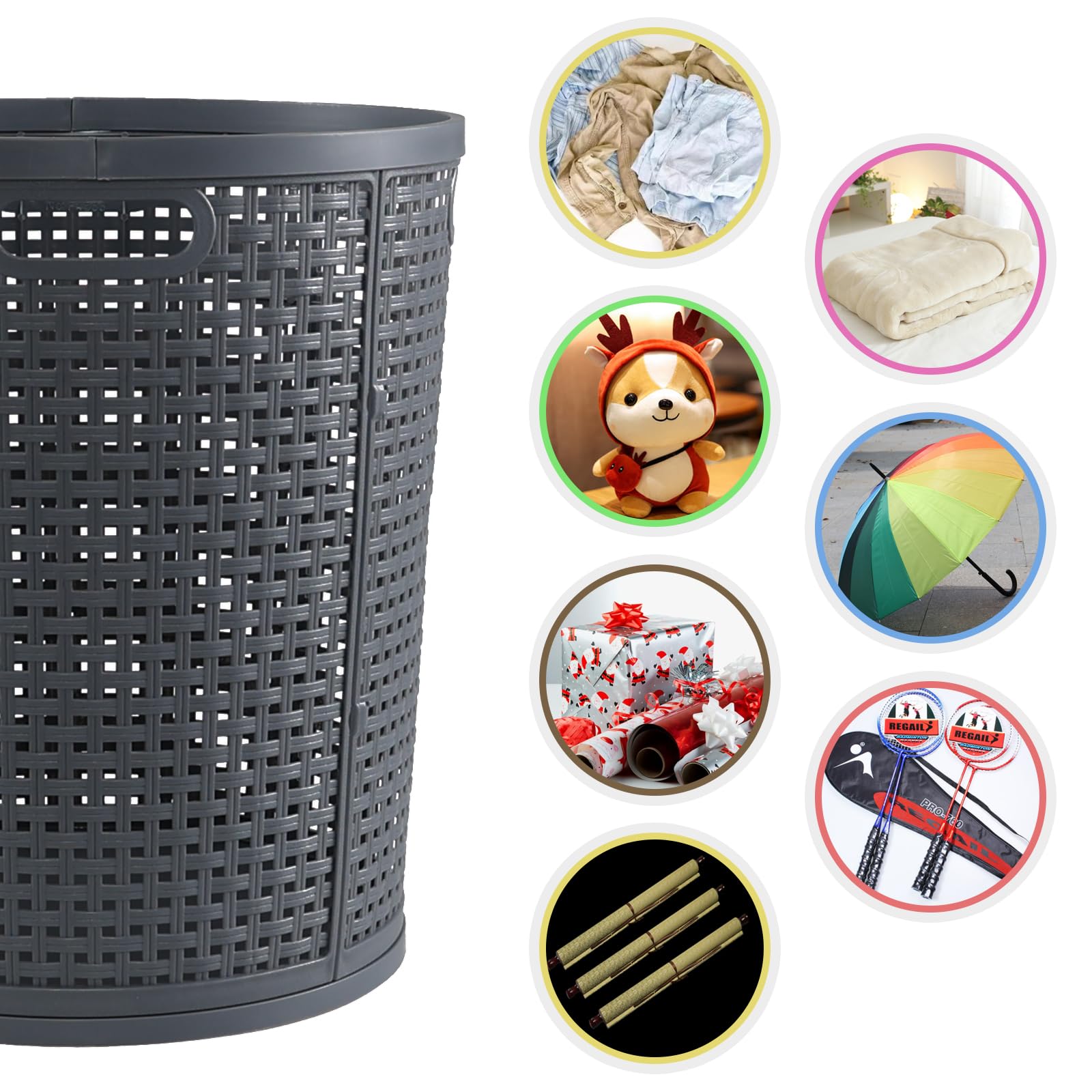 Saedy 42 L Plastic Laundry Storage Basket, 1 Pack Round Clothes Hamper, Gray, F