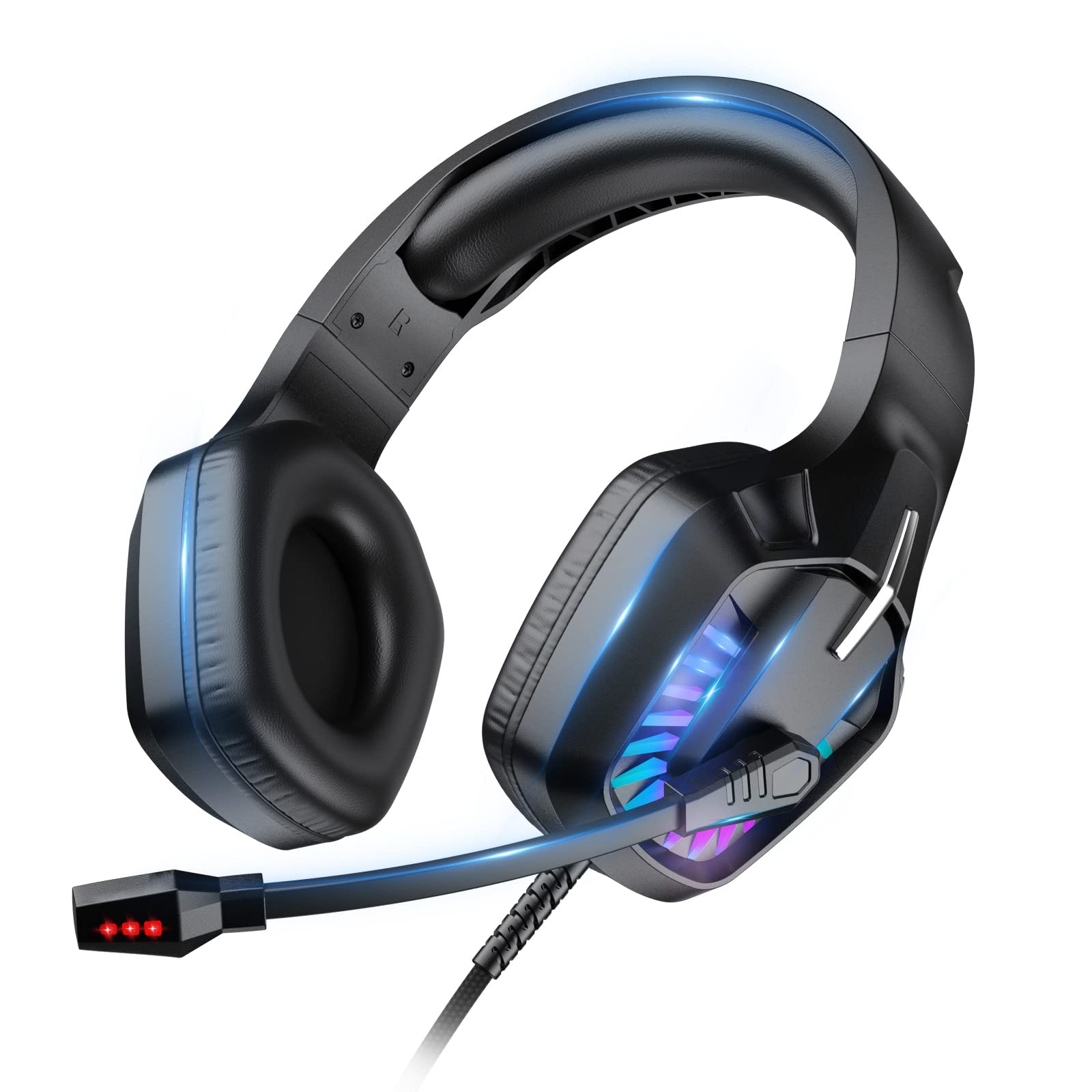 Gaming Headset with Microphone, MUINE Gaming Headset for Xbox One Ps4, Ps5, Playstation, PC, Mobile, Switch, with 3.5mm Audio Jack Noise Cancelling Mic Soft Memory Earmuffs RGB Light Headsets