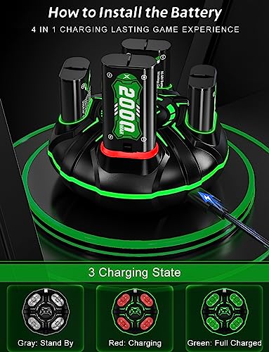 Rechargeable Battery Pack for Xbox One Controller, 4 x 2000mAh Xbox One Rechargeable Battery Pack Charger, Compatible with Xbox One/S/X/Elite/Series X|S Controllers