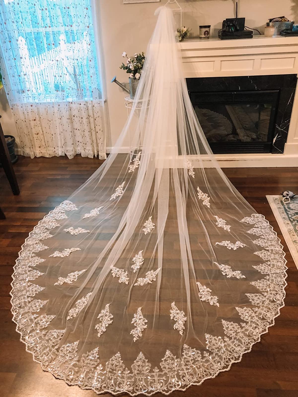 EllieHouse Cathedral 1 Tier Sequin Lace Wedding Bridal Veil White