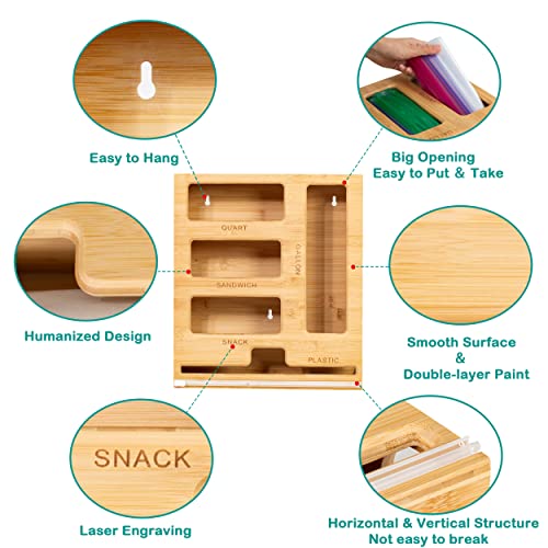 MillTu Ziplock Bag Storage Organizer for Kitchen Drawer, 5 in 1 Bamboo Food Storage Bag Organizer with Plastic Wrap Organizer, Compatible with Gallon, Quart, Sandwich, Snack Bag & Kitchen Rolls