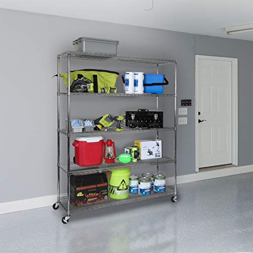 Seville Classics UltraDurable Commercial-Grade 5-Tier NSF-Certified Wire Shelving with Wheels, 60" W x 18" D, Plated Steel