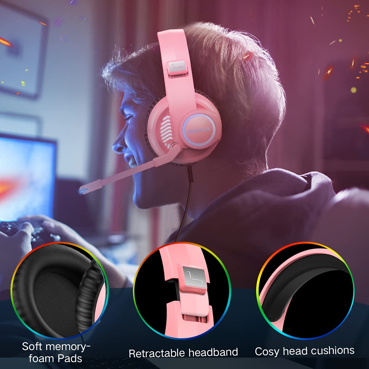 Gaming Headsets for Xbox One PC PS4 PS5 - Computer Over Ear Headphones with Noise Cancelling Mic & Stereo Sound for Nintendo Switch - Pink