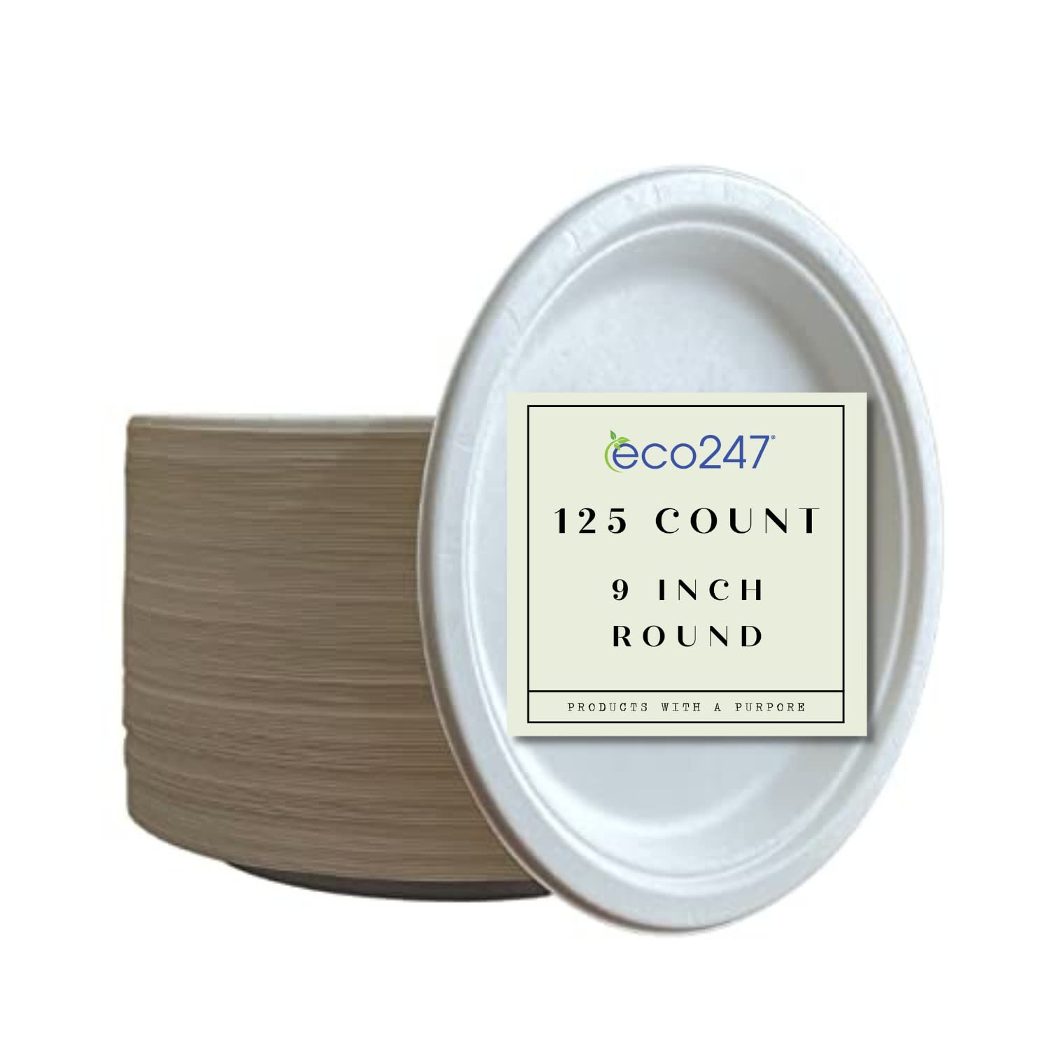 eco247 100% Compostable 3-Compartment Round Plates [9" - 125 Count] Heavy Duty Bulk Disposable Plates | Eco-Friendly White Recyclable Plates | Biodegradable Natural 100% Sugar Cane Bagasse