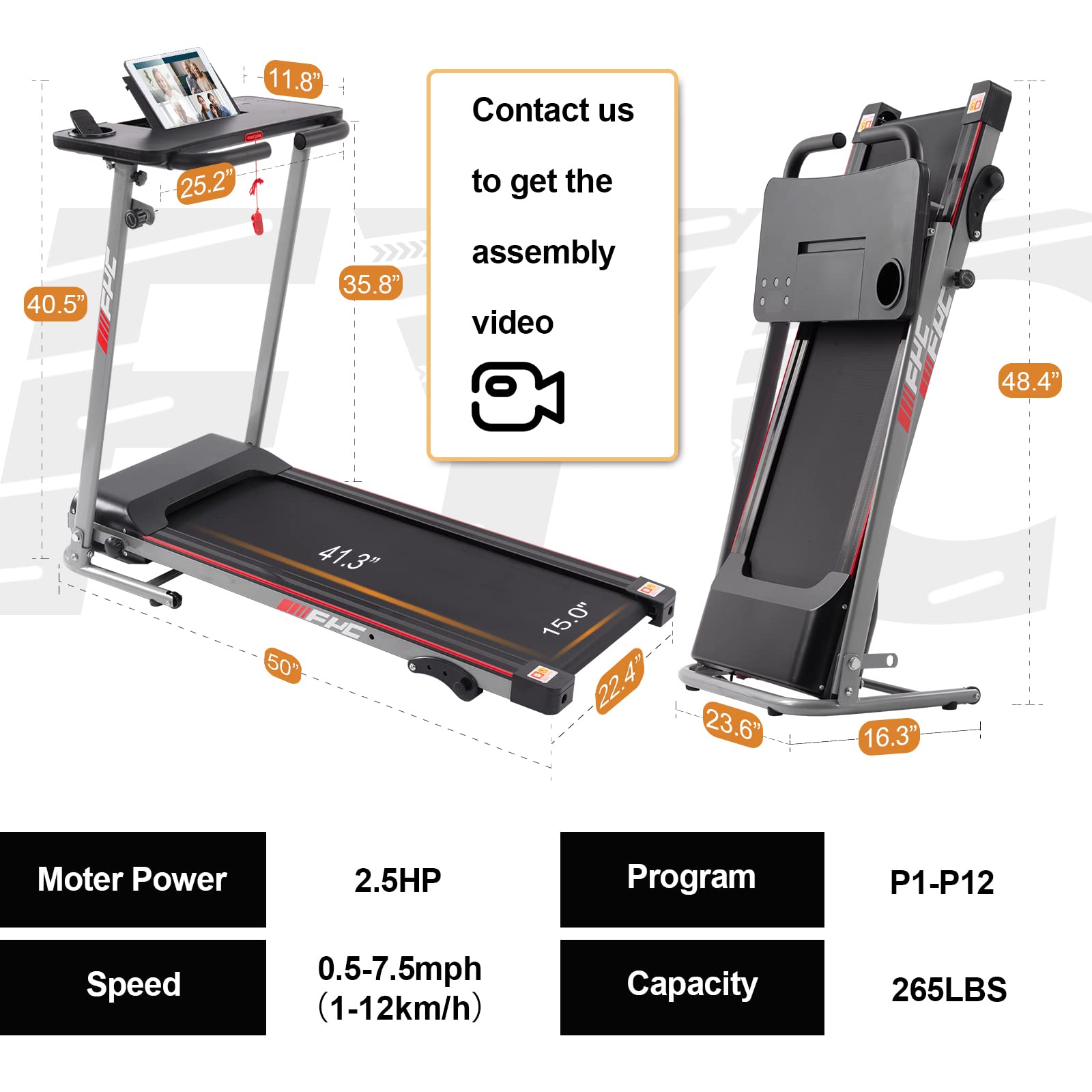FYC Folding Treadmill for Home - Slim Compact Running Machine Portable Electric Treadmill Foldable Treadmill Workout Exercise for Small Home Apartment Gym Walking Jogging Fitness, No Installation