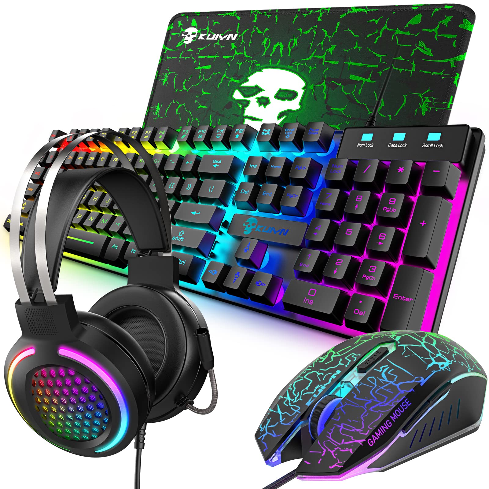Gaming Keyboard and Mouse Headset and Mouse pad,Wired LED Rainbow Backlight Bundle PC Accessories Headphones for Gamers and Xbox and PS4 PS5 Nintendo Switch Users-4in1 Gaming Set