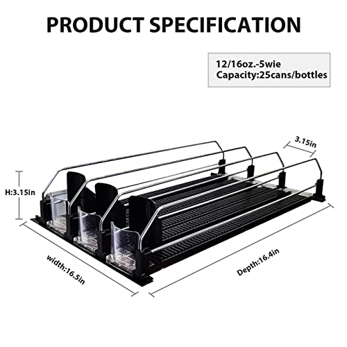 Ikaufen Drink Dispenser for Fridge, Self-Pushing Soda Rack Can Organizer for Refrigerator, Width Ajustable Beverage Pusher Glide, Beer Pop Can Water Bottle Storage(16.4inch, 3 Rows)