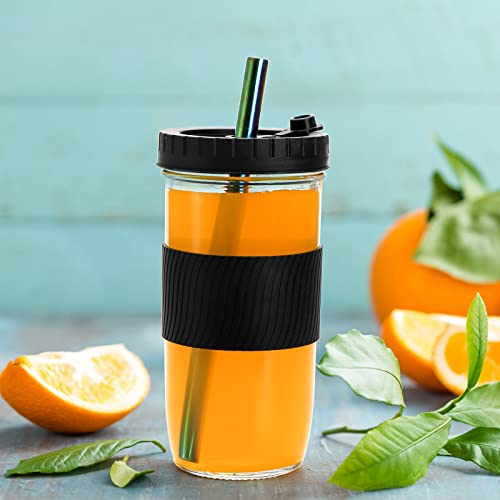Youeon 4 Pack 24 Oz Reusable Boba Cup with Lids and Straw, Iced Coffee Cups Glass Smoothie Cups, Bubble Tea Cups Mason Jar Cups with Silicone Sleeve, BPA Free, Dishwasher Safe, 2 Colors