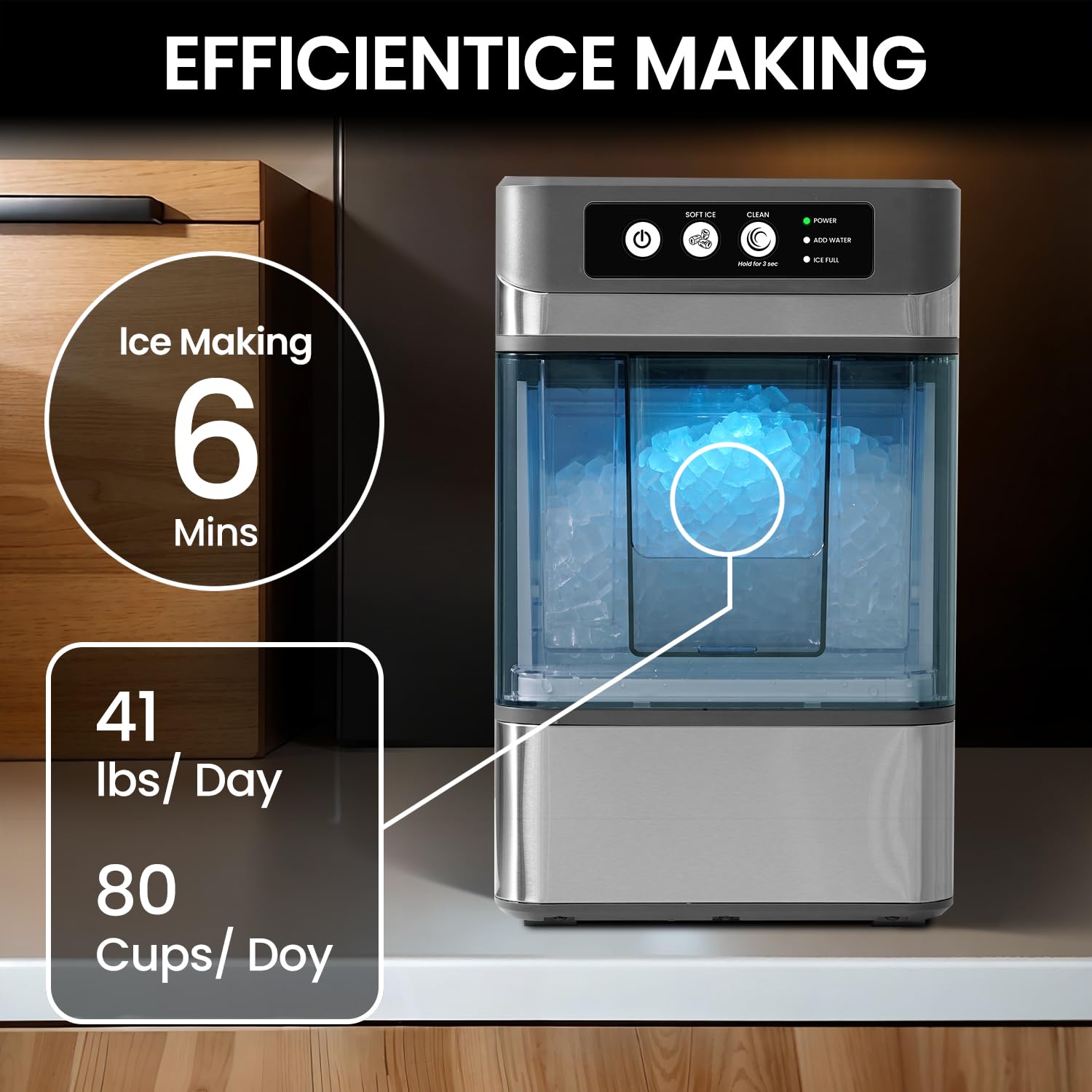 Nugget Ice Maker Coutertop,Chewable Soft Ice Maker Machine,Ready in 6 Mins,41Lbs per Day,Table Top Ice Cube Maker for Home, Self-Cleaning,Stainless Steel,Ideal for Parties, Kitchens, Bars, Offices