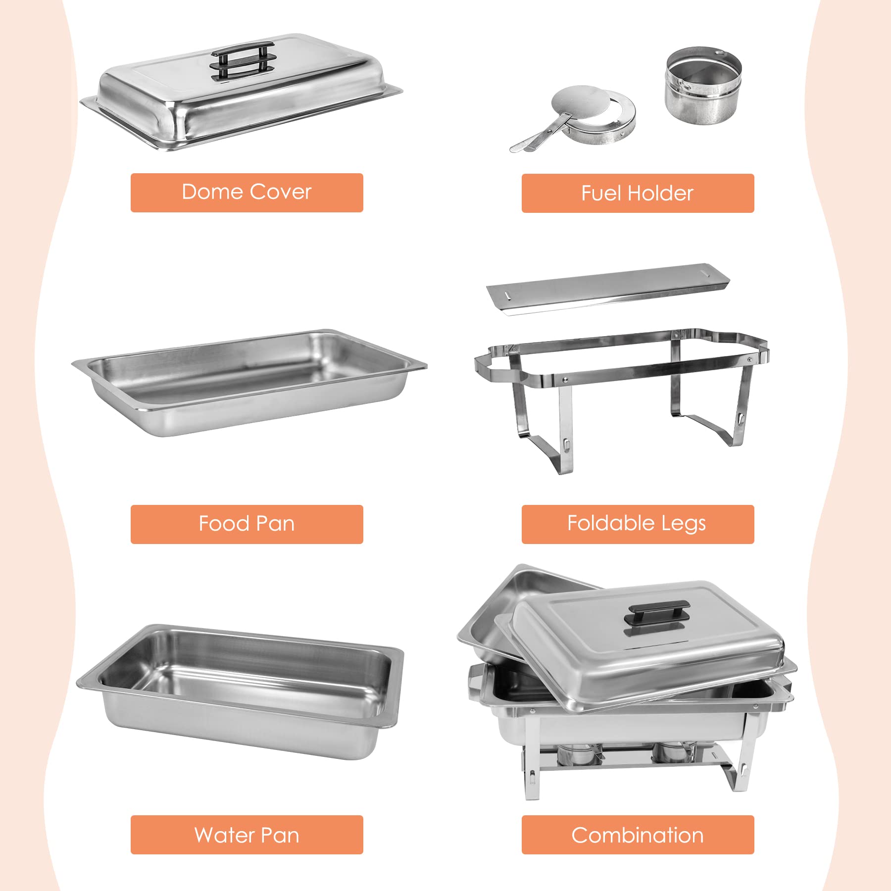 GRANDMA SHARK Chafing Dishes Buffet Sets 6 Packs 8QT Stainless Steel Rectangular Chafers and Buffet Warmer with Alcohol Furnace for Catering Buffet Food Warmer Set with Folding Frame, Silver