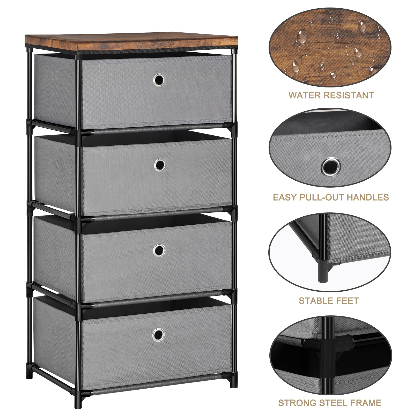 MOOACE Fabric Storage Dresser with Drawers, 4 Drawers Clothes Organizer and Storage Tower for Bedroom, Small Fabric Storage and Chest of Drawers, Gray