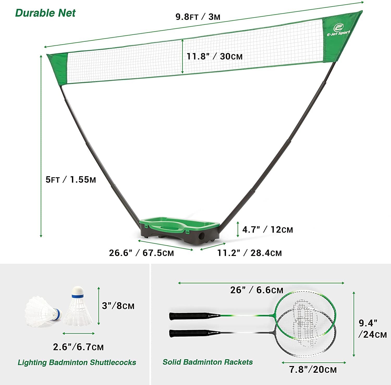 E-jetSport Portable Badminton Net Set with Storage Base, Rackets Lightning Shuttlecocks Combo Set for Family & Kids, Easy Setup for Backyard Training, Beach, Park, Picnic Games, Green,EOB375402021