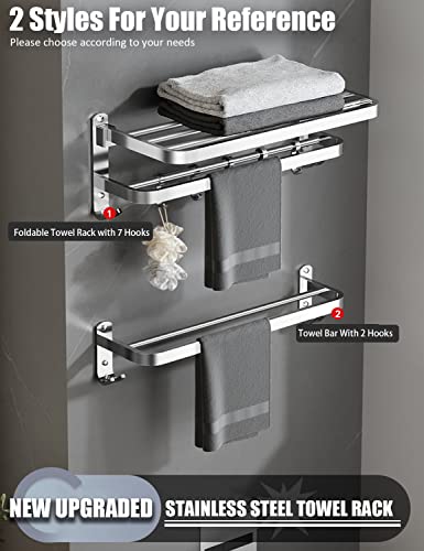 IKITCHEN Towel Racks for Bathroom, Stainless Steel Towel Holder Wall Mounted with 2 Hooks, Bathroom Shelf with Towel Bar 23Inch Polished Silver