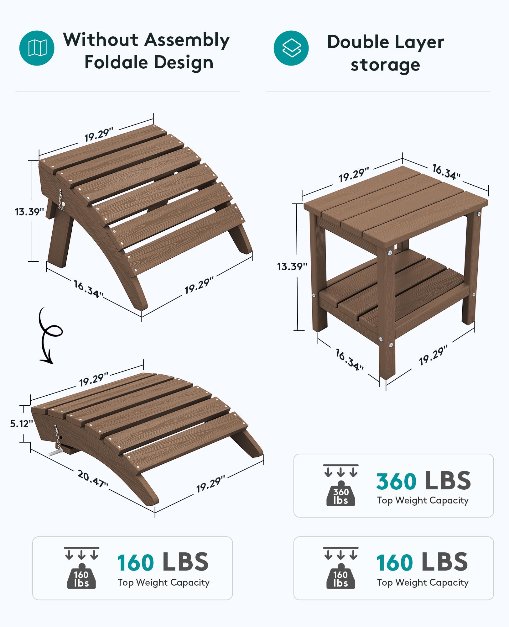 SERWALL 5-Piece Adirondack Chair and Ottoman and Table Set, Brown