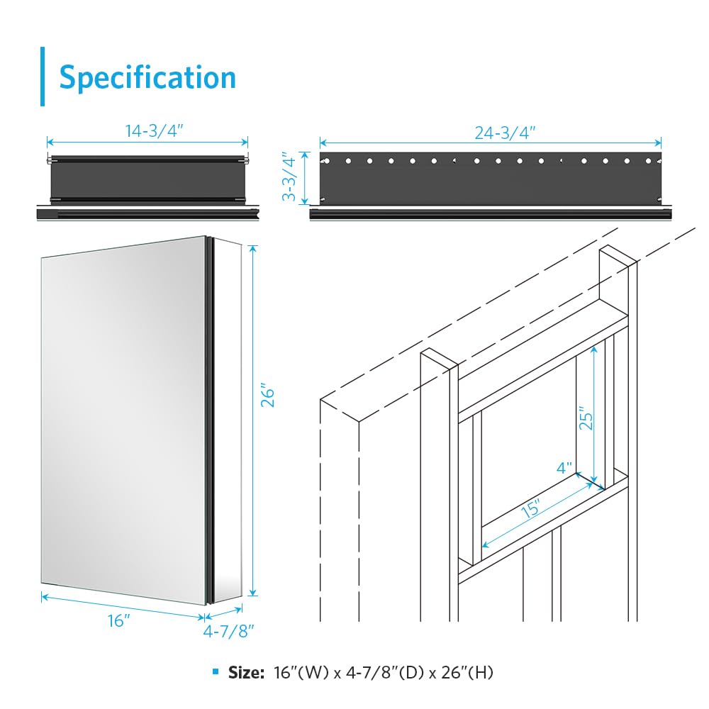 Quavikey Medicine Cabinet with Aluminum Recessed or Surface Mount Bathroom Mirror with Storage 16x26 Inch, Black