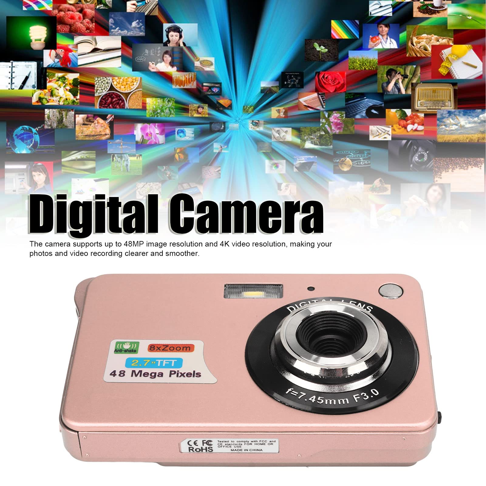 Digital Camera, Builtin 4K Antishake Rechargeable Compact Camera with Fill Light for Photography (Pink)