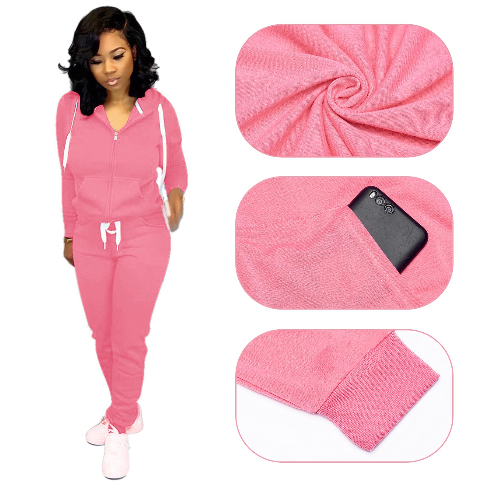 FANDEE Women's Casual 2 Piece for Women Tracksuit Set Zipper Hoodie Sweatsuits Tracksuits with Pockets Pink L