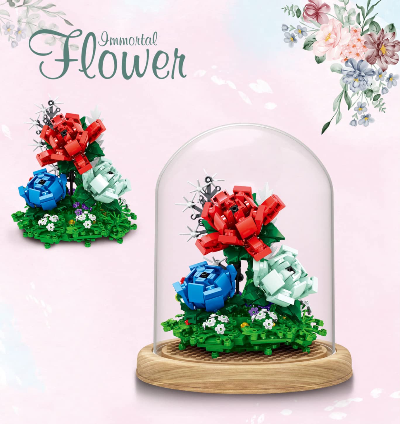 Flower Bouquet Building Kit for Adult, Collection DIY Creative Plant Ideas Display Set Decorate Office Home, STEM Education Construction Building Blocks for Kids Ages 8-12