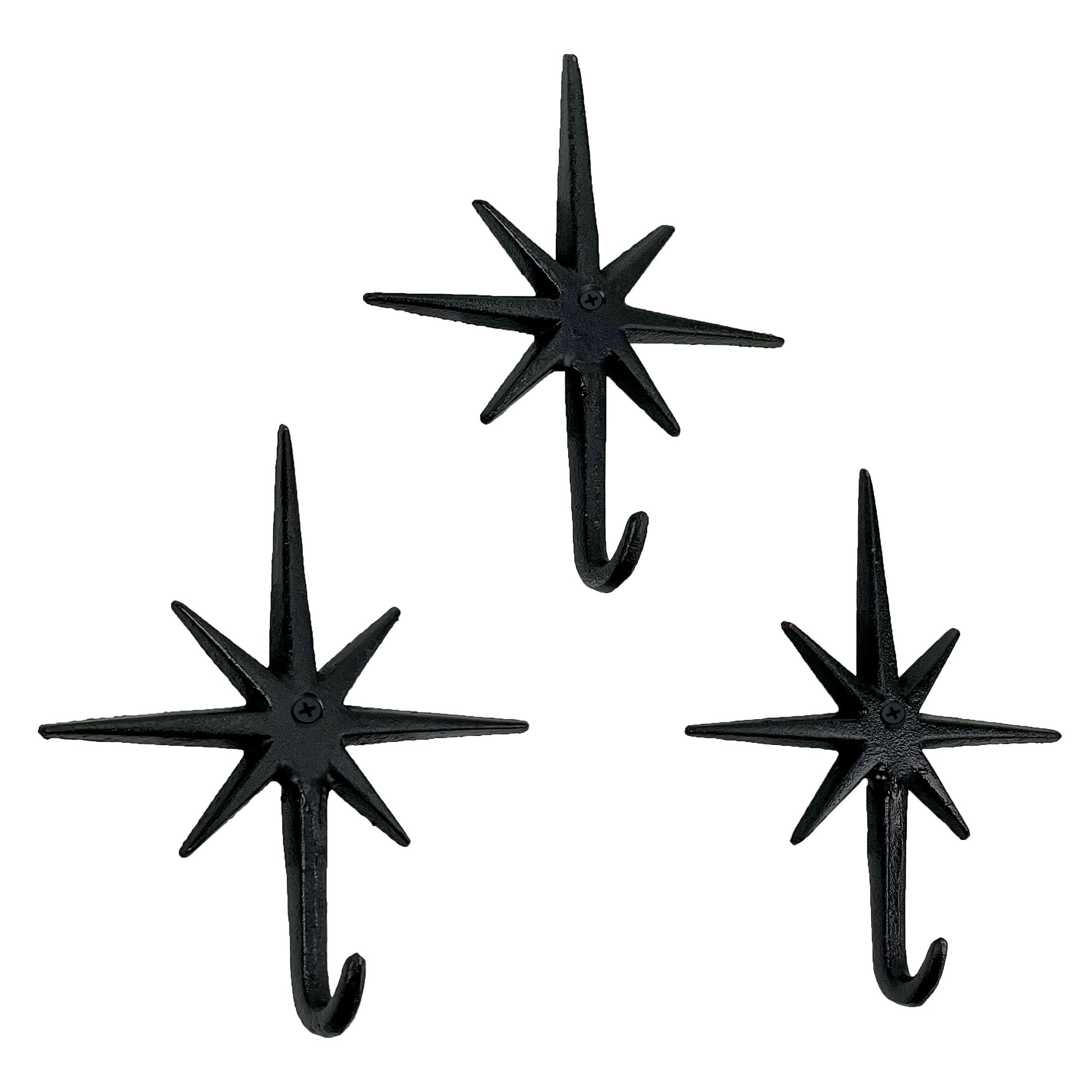 Set of 3 Black Finish Cast Iron 8-Pointed Atomic Starburst Wall Hooks - Mid-Century Modern Elegance - Easy Install - Perfect for Vintage and Eclectic Decor