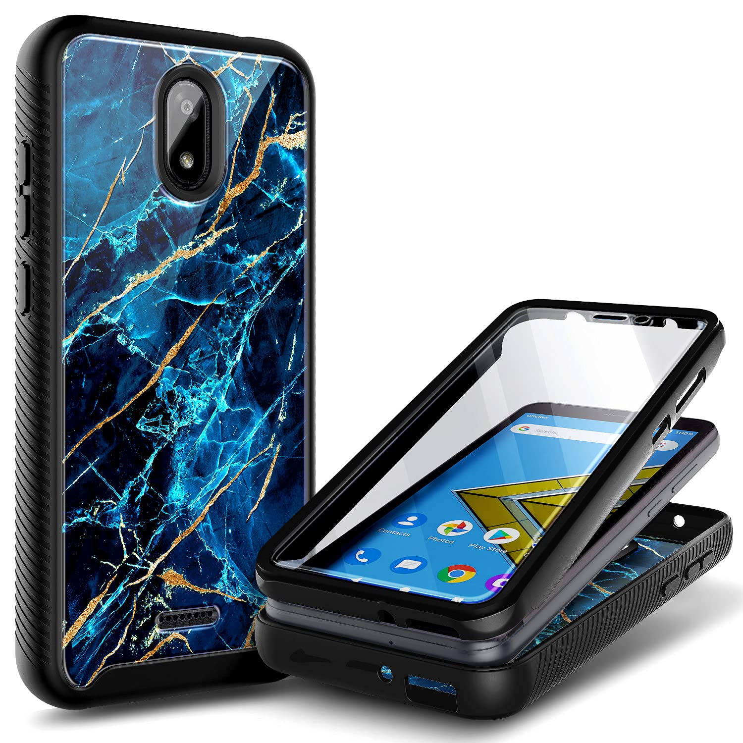 E-Began Case for BLU Wiko Ride (W-U300), Vision 2 (U304AC)/AT&T Radiant Core (U304A)/Cricket Icon with [Built-in Screen Protector], Full-Body Protective Bumper Case -Marble Design Sapphire