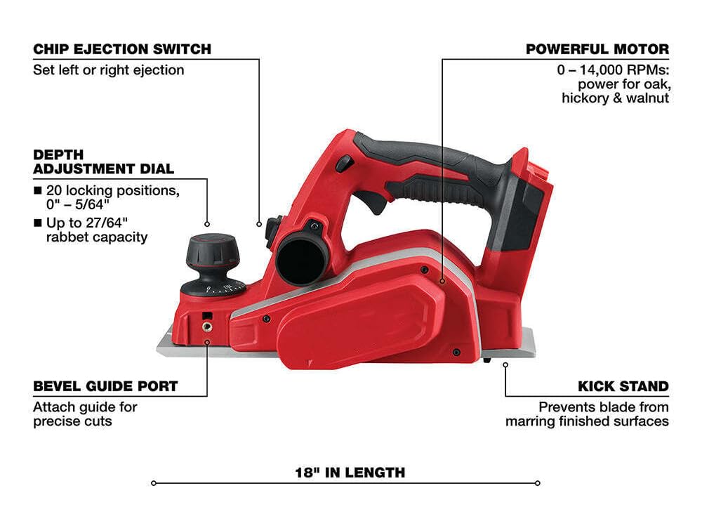 WALKFB 2623-20 for Milwaukee M18 18V 3-1/4-Inch Planer w/Bevel/Edge Guide - Bare Tool, Red, Black