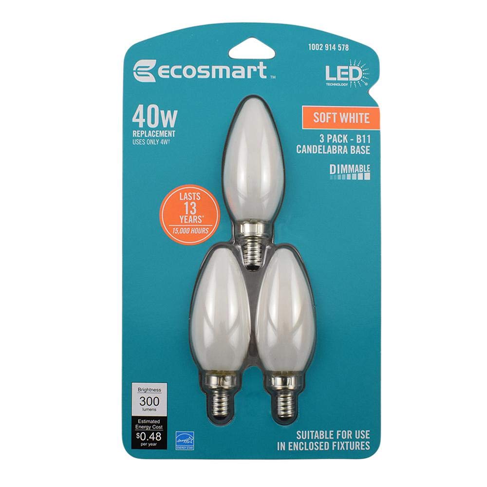 EcoSmart 40-Watt Equivalent B11 Candle Dimmable Energy Star Frosted Glass Filament Vintage LED Light Bulb Soft White (3-Pack)